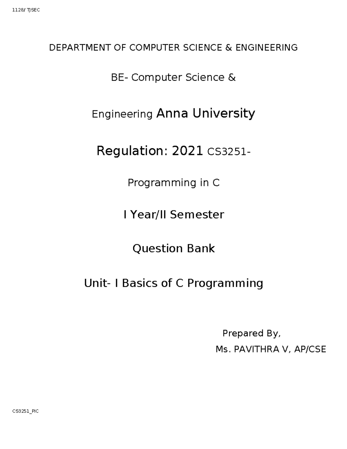 unit 1 2 marks - 1128/ TJSEC DEPARTMENT OF COMPUTER SCIENCE ...