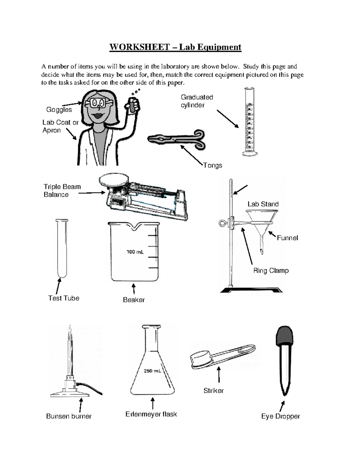 Lab Equipment Worksheet for Lab Safety & Usage - Studocu