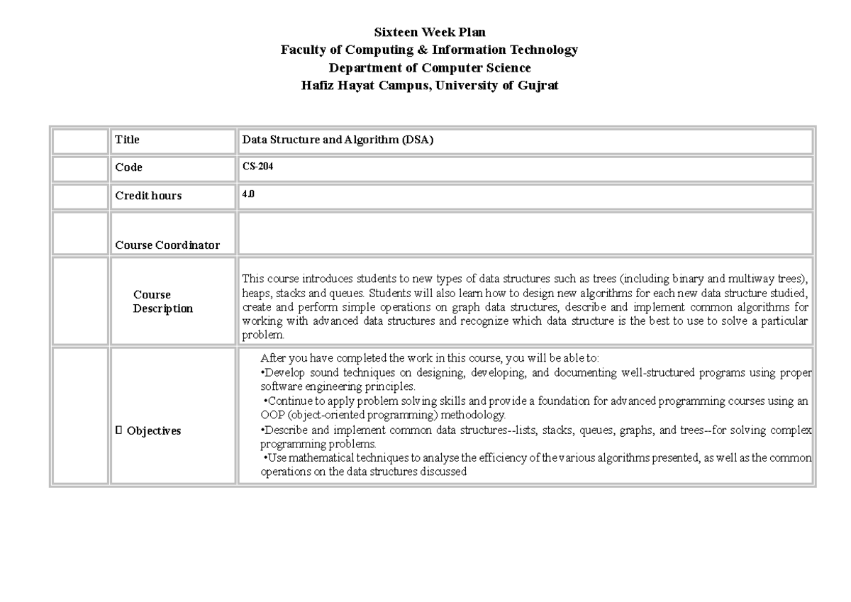 CS-204 Data Structures and Algorithms Course Outline and Grading Policy ...