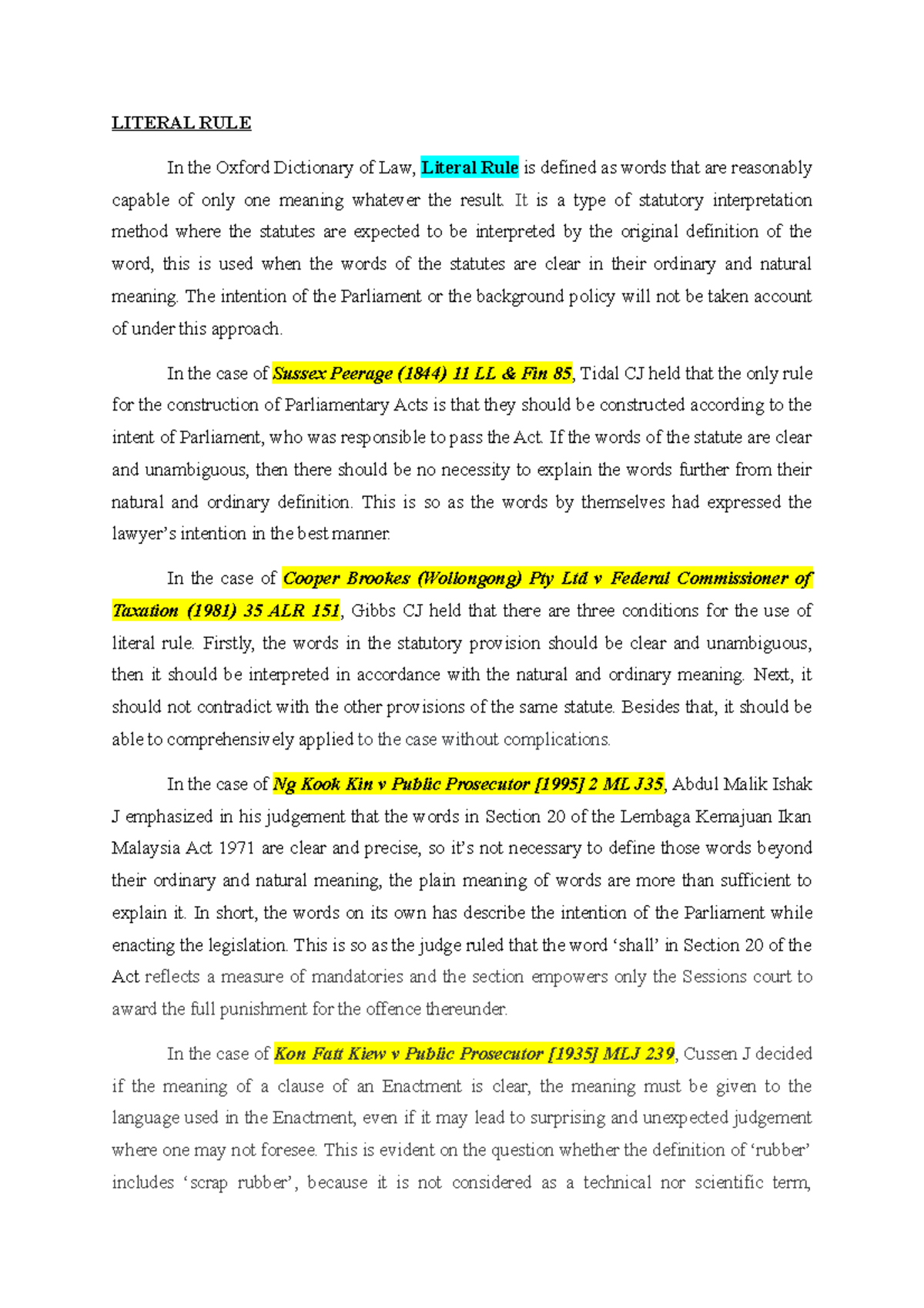 ITL Four Rules - LITERAL RULE In the Oxford Dictionary of Law, Literal ...