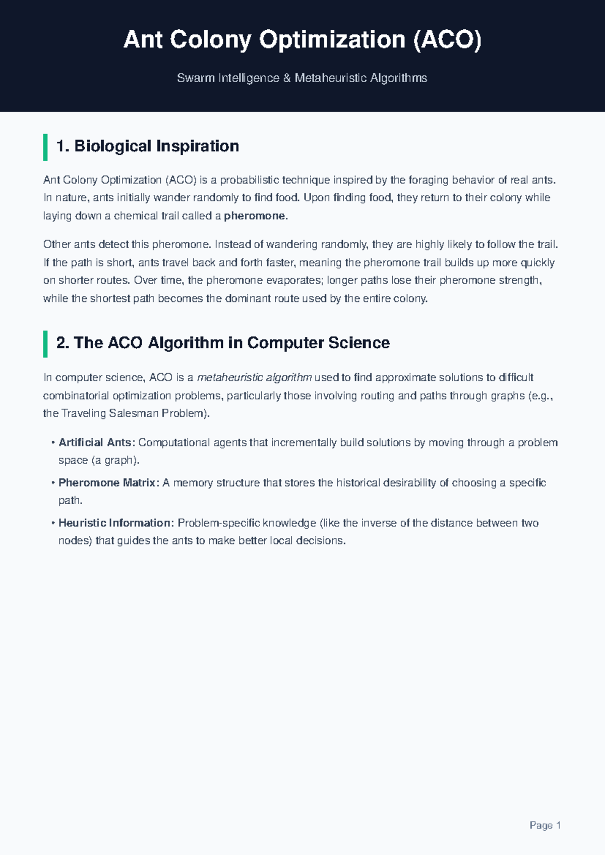 Ant Colony Optimization (ACO) Notes: Swarm Intelligence Insights - Studocu