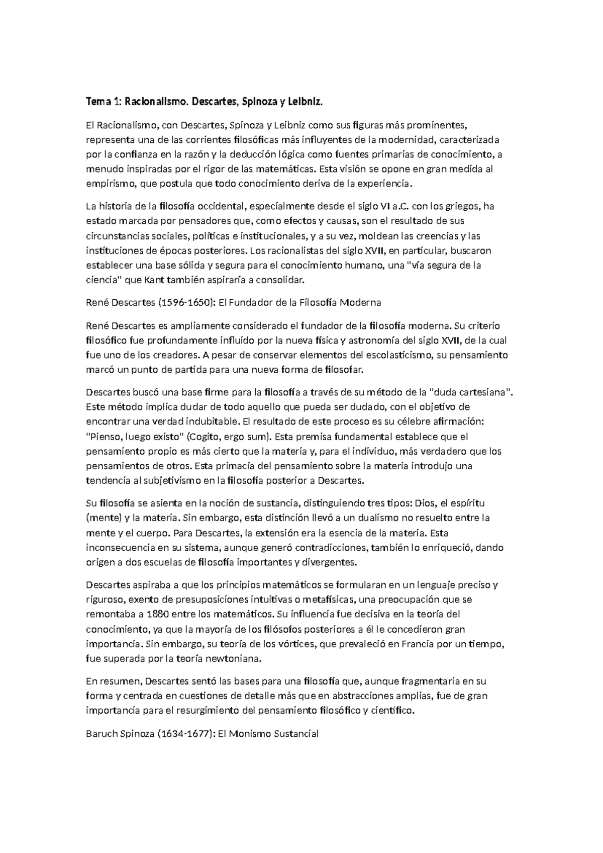 Tema 1: Racionalismo - Resumen sobre Descartes, Spinoza y Leibniz - Studocu