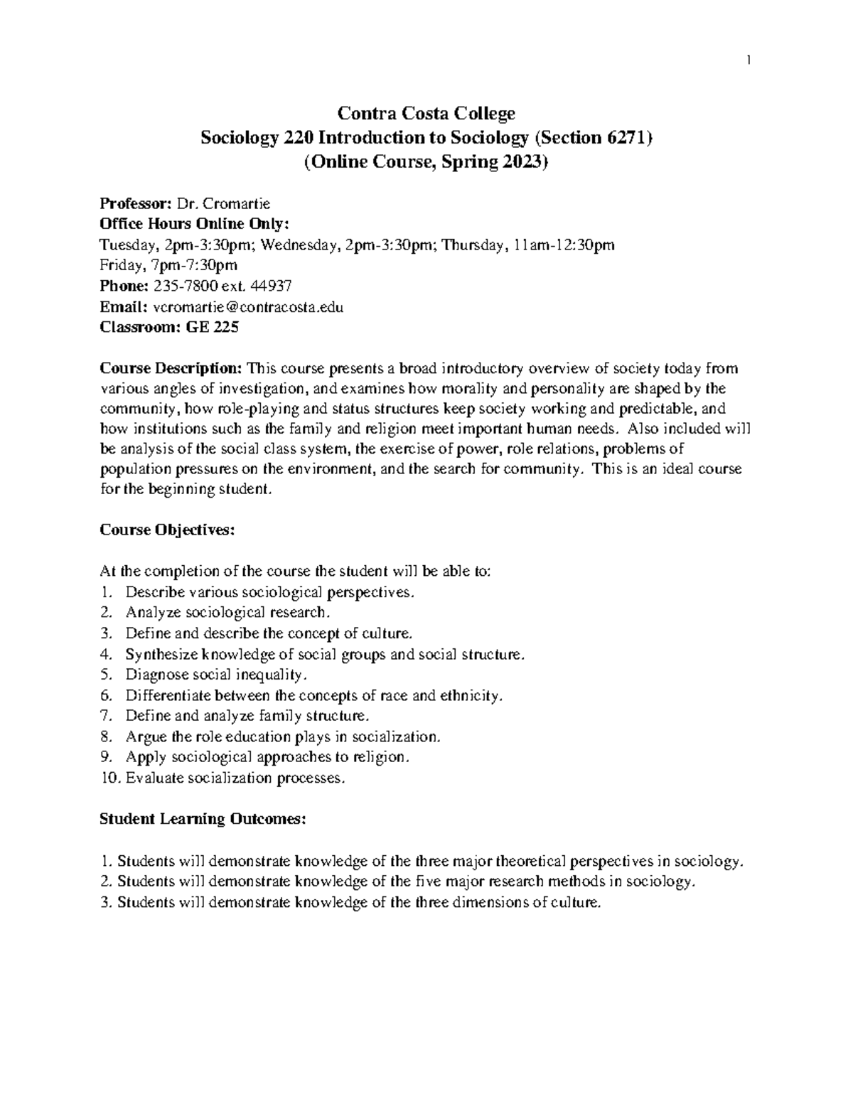 Sociology 220 Sec 6271 Syllabus - Online Course Spring 2023 - Studocu