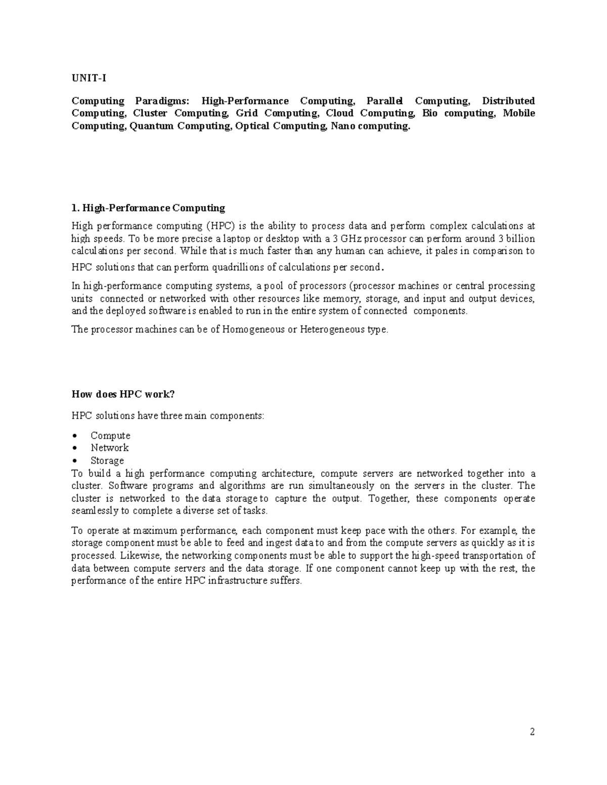 Unit-I: Introduction to Computing Paradigms - HPC, Parallel ...