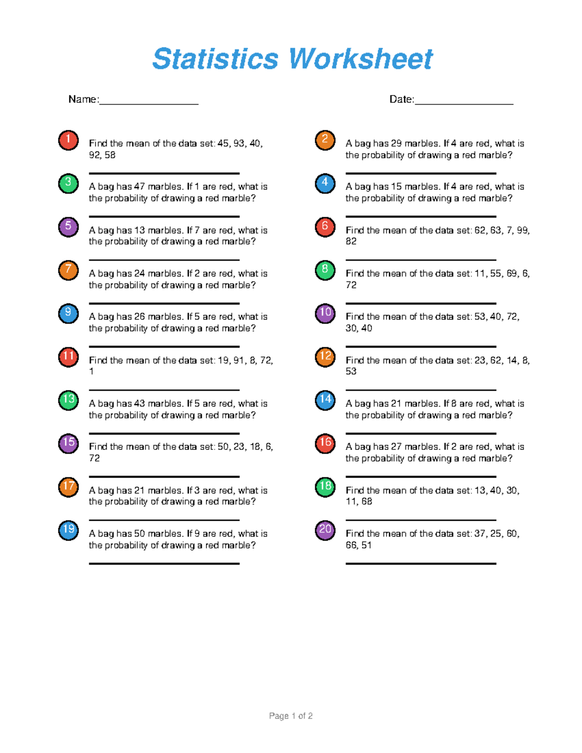Statistics Worksheet 8: Mean & Probability Problems - Studocu