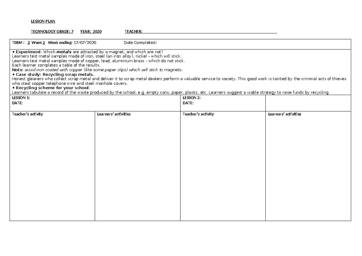 Grade 7 Technology Lesson Plan: Term 3 Week 2 (2020) - Studocu