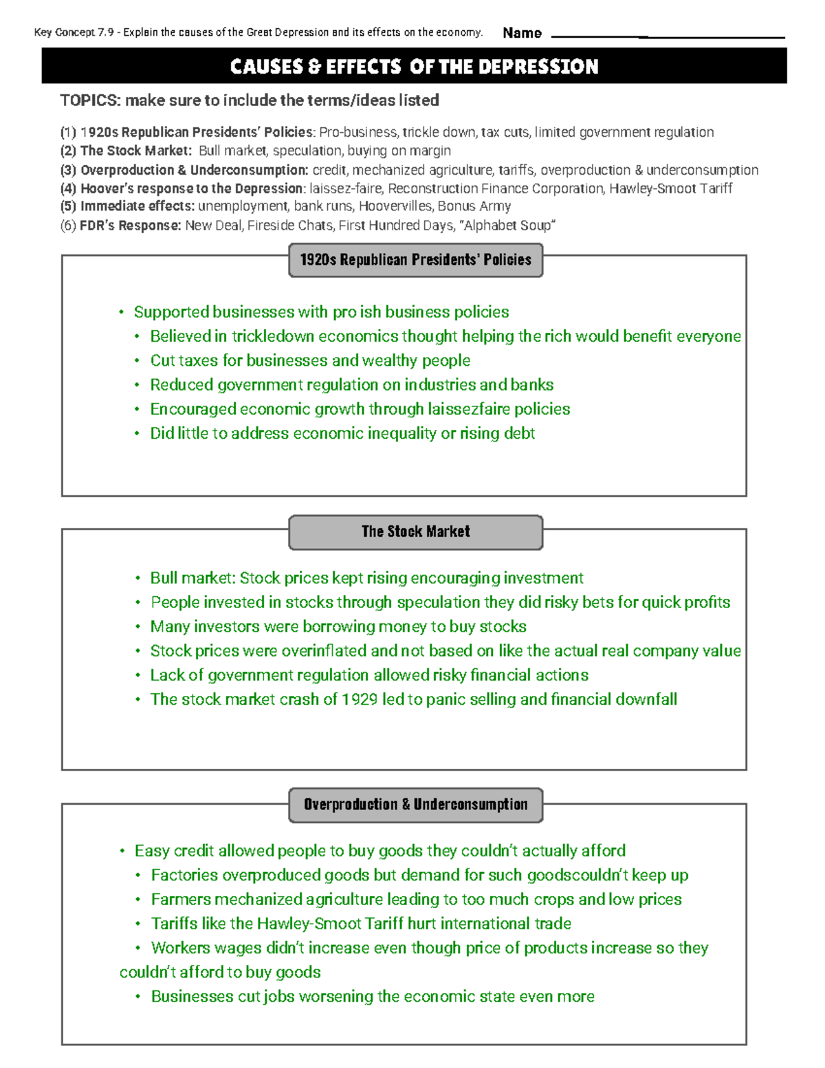 Worksheet: Causes & Effects of the Great Depression - History 101 - Studocu