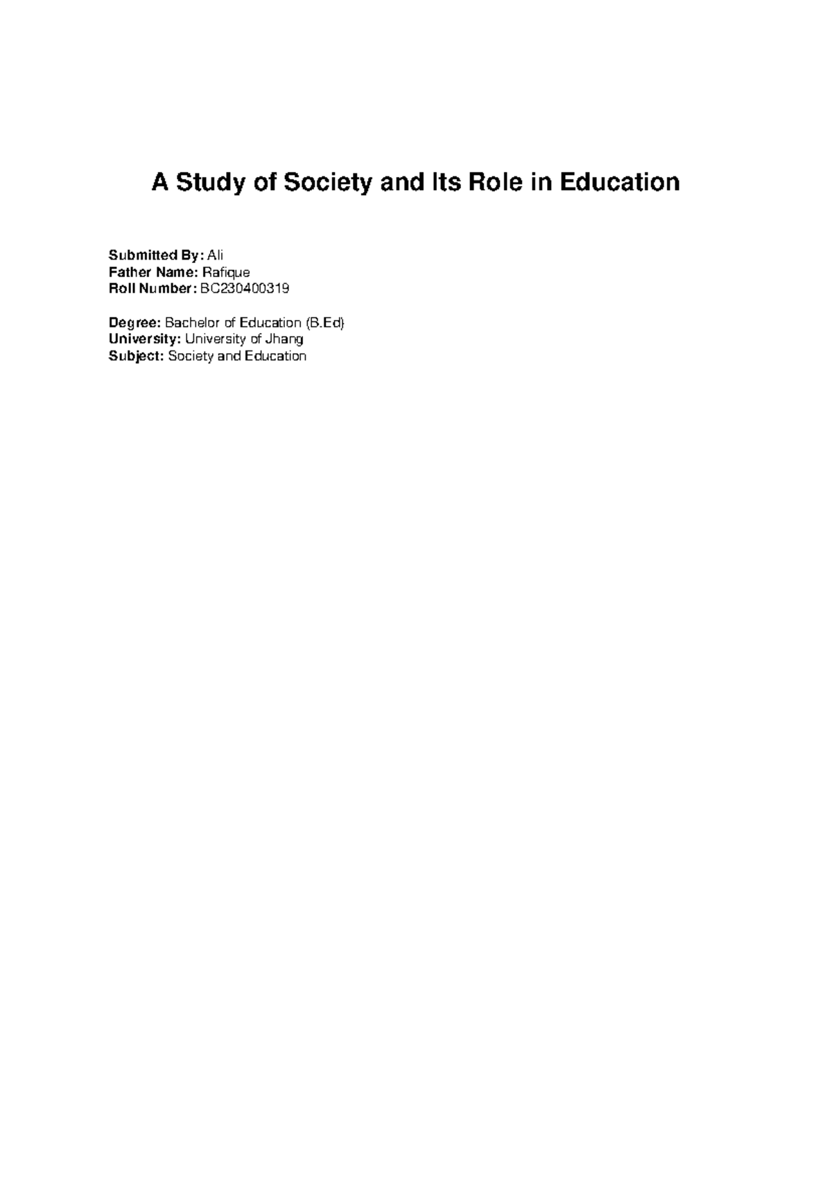 B.Ed Thesis: The Role of Society in Education in Pakistan - Studocu