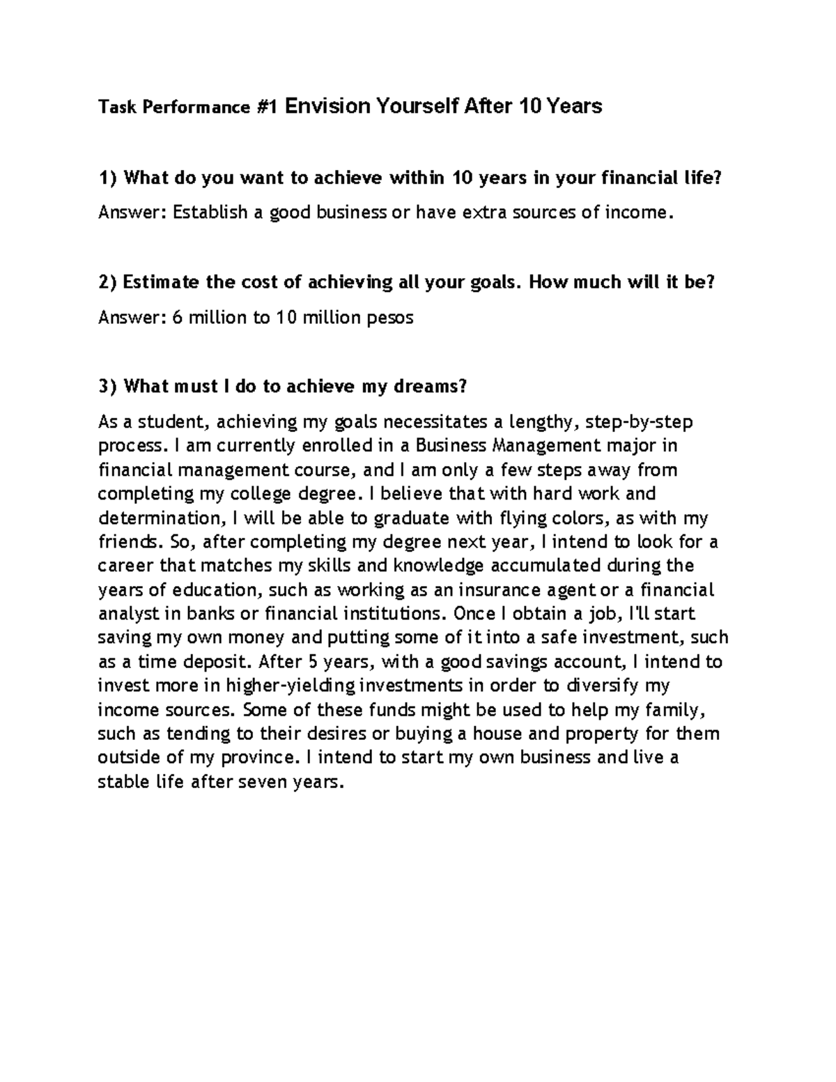 Task Performance #1 Envision Yourself After 10 Years - Estimate the ...