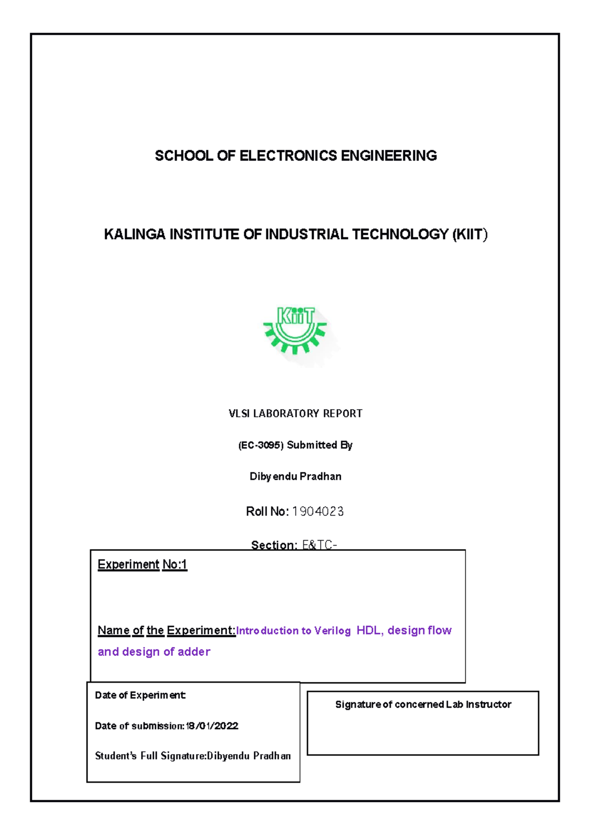 VLSI LAB EXP 1 - VLSI LAB EXPERIMENT 1 - Semester: 6 th Section: E&TC- ExperimentNo: - Studocu