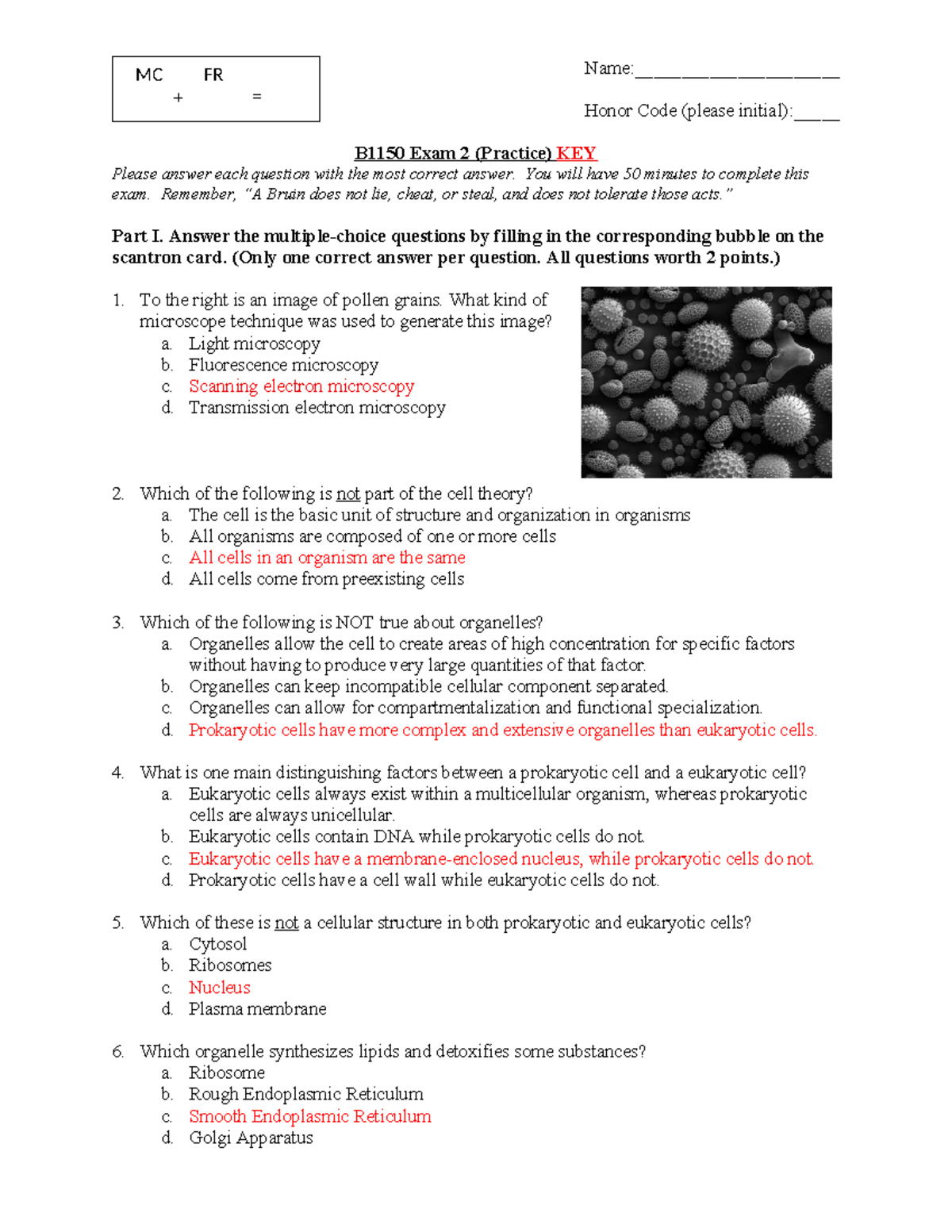 Biology B1150 Exam 2 Practice: Cell Structure & Function Key - Studocu