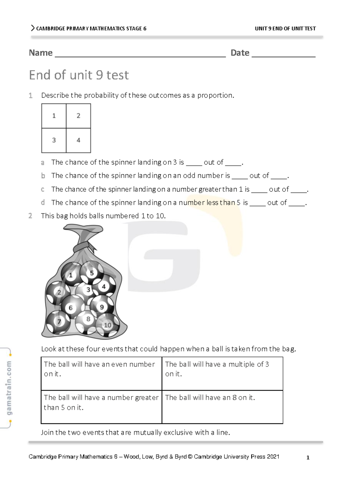 CAMBRIDGE PRIMARY MATHEMATICS STAGE 6 UNIT 9 END OF UNIT TEST - Studocu