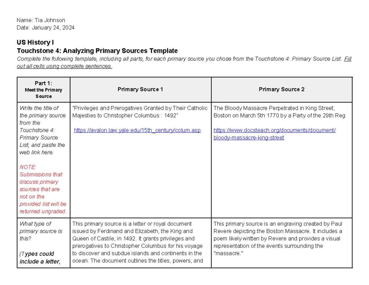 Touchstone 4: Primary Sources Analysis for US History I Assign. - Studocu