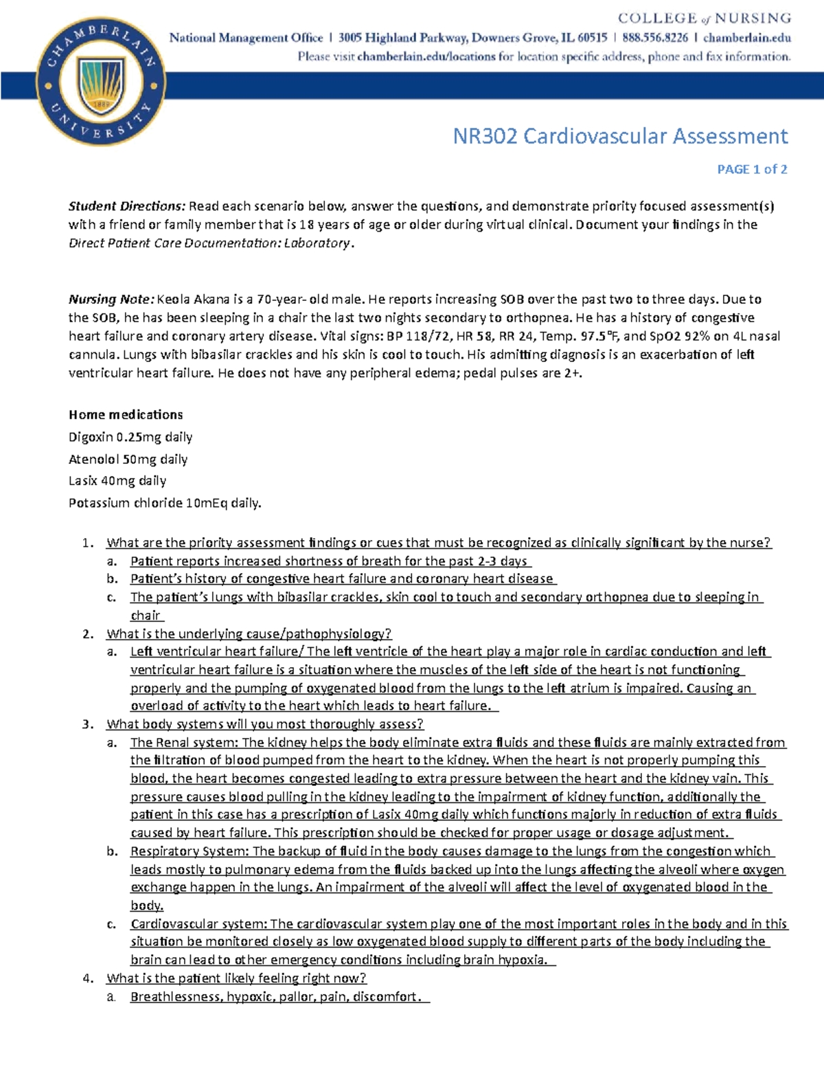 NR302 Cardiovascular Assessment Scenarios and Nursing Notes - Studocu