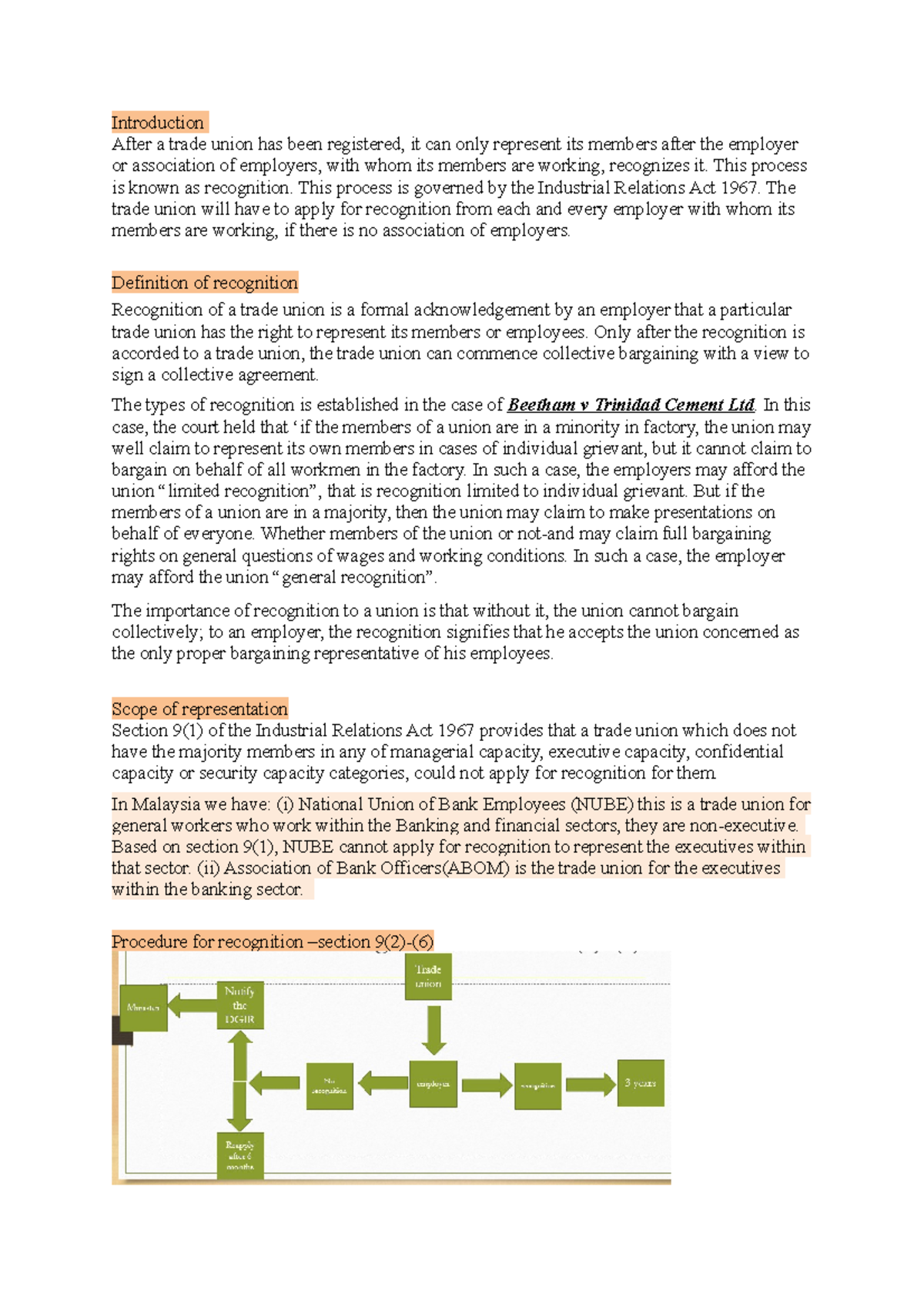 Recognition of Trade Unions: Legal Framework and Procedures - Studocu