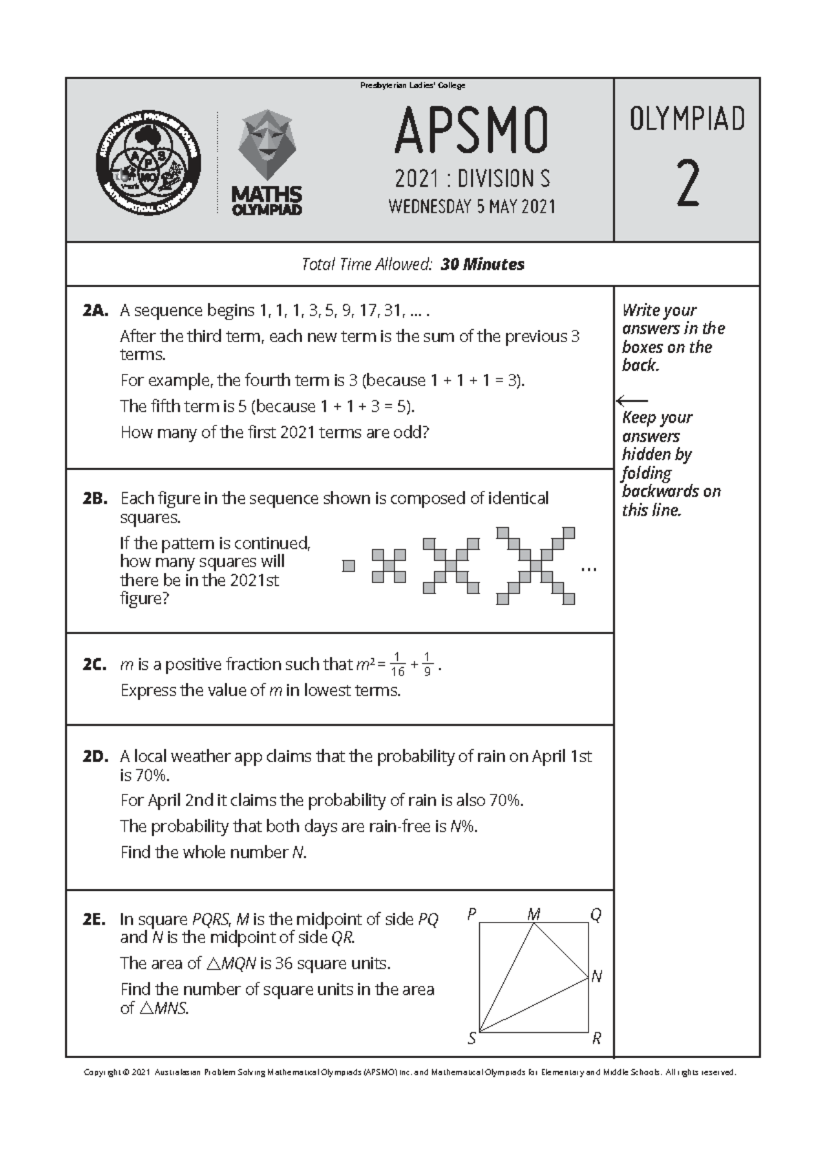 APSMO 2021 Division S - Practice Test Questions and Solutions - Studocu