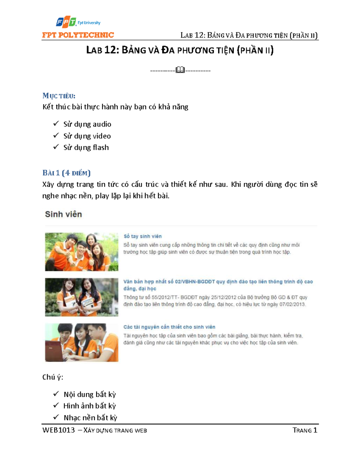 Web1013-Lab12 - phat trien phan mêm - LAB 12: BẢNG VÀ ĐA PHƯƠNG TIỆN (PHẦN II) WEB1013 – XÂY ...