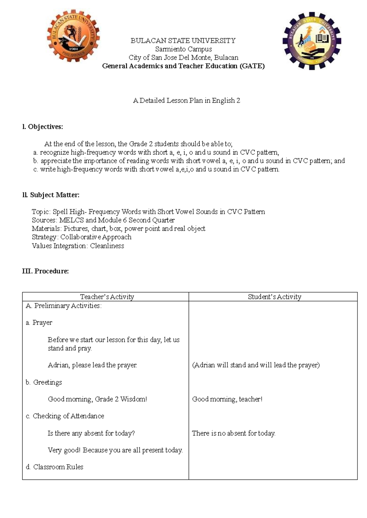 CVC Lesson Plan for English 2 - Final Demo at GATE - Studocu