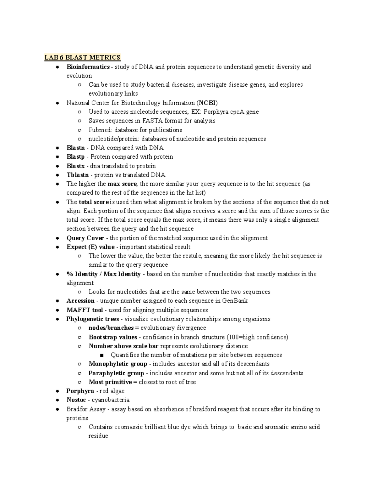 Bio lab final notes - LAB 6 BLAST METRICS Bioinformatics - study of DNA ...