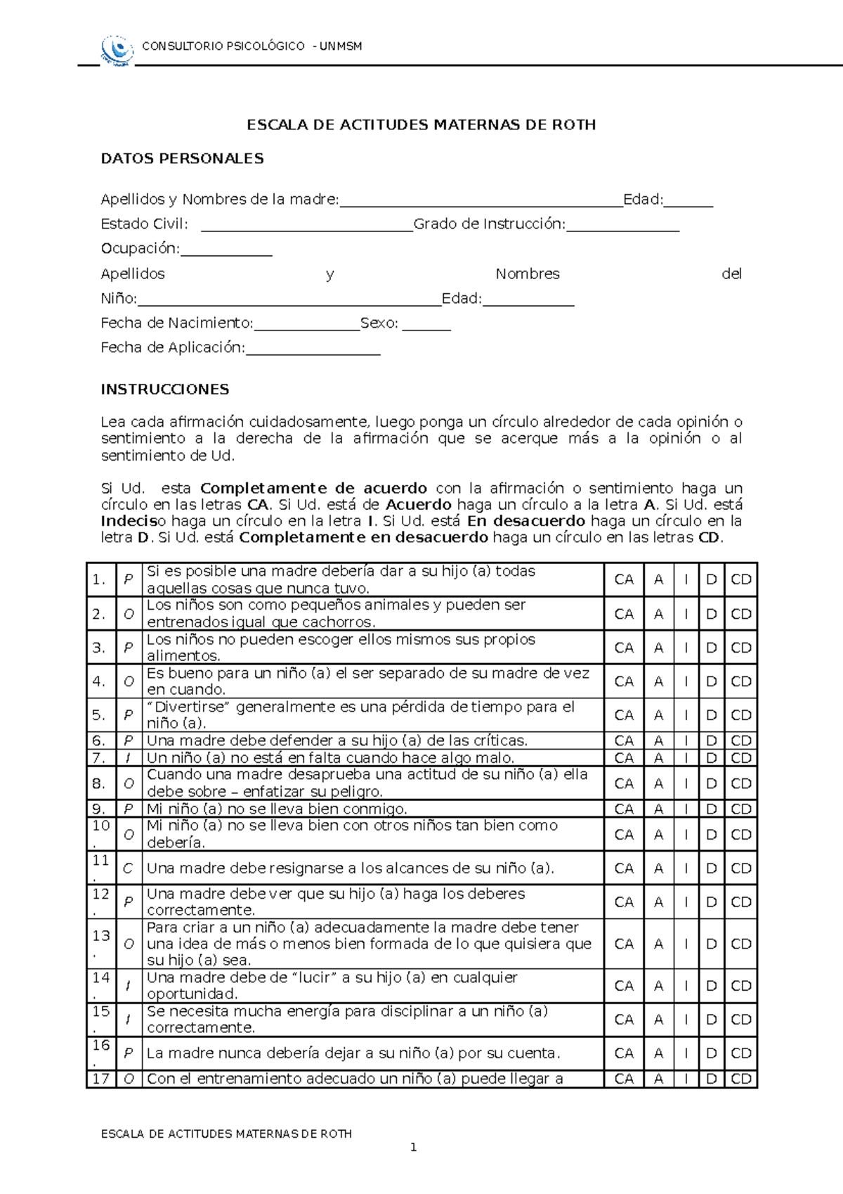 TEST DE ROTH - ESCALA DE ACTITUDES MATERNAS PARA MAMÁS - Studocu