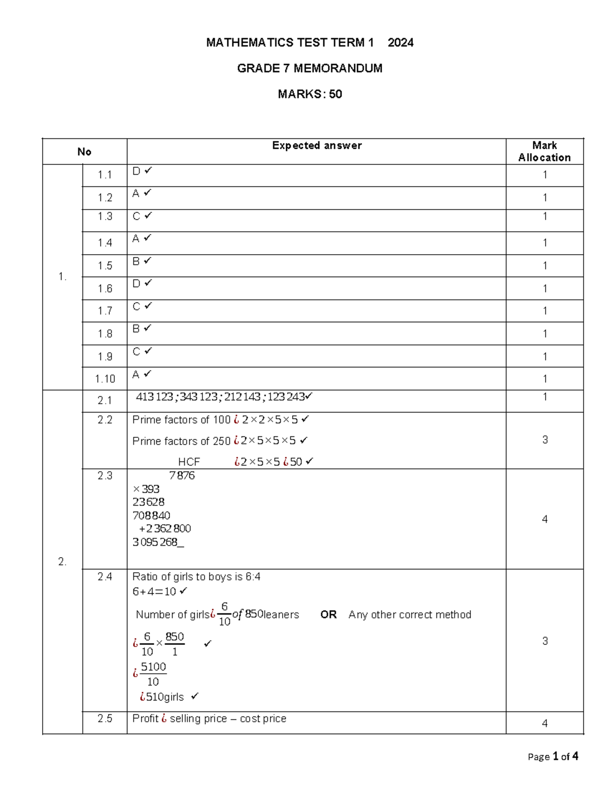 MEMO Grade 7 Mathematics TEST TERM 1 2024 021145 - MATHEMATICS TEST ...