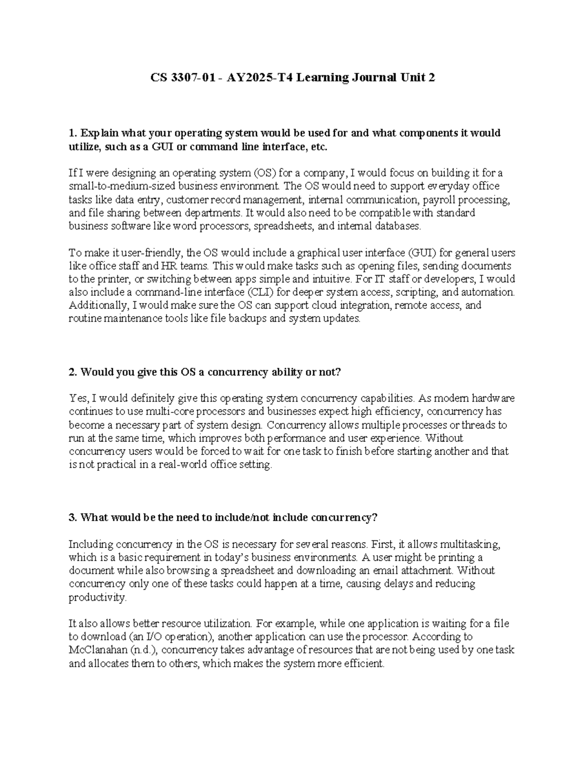 CS 3307-01 - AY2025-T4 Learning Journal: Designing an OS for Business - Studocu