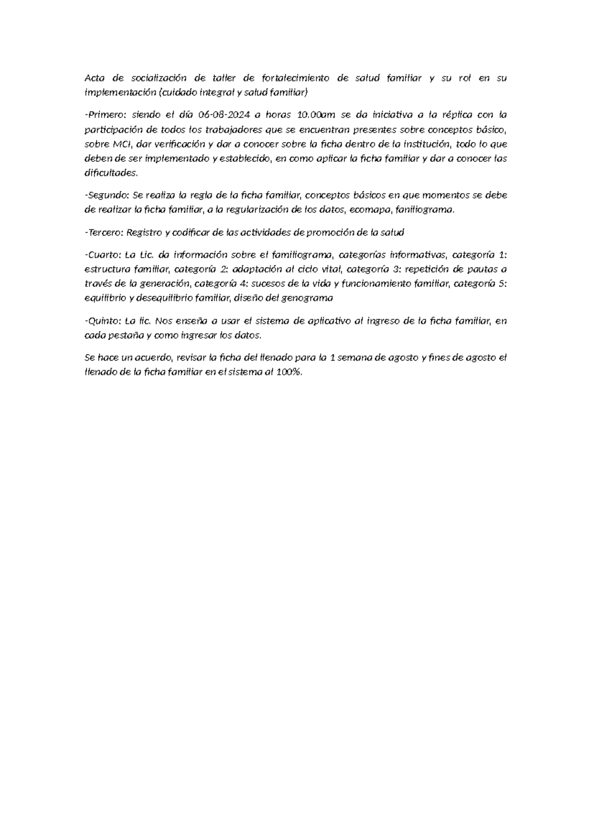 Acta de Taller: Fortalecimiento de Salud Familiar y su Implementación ...