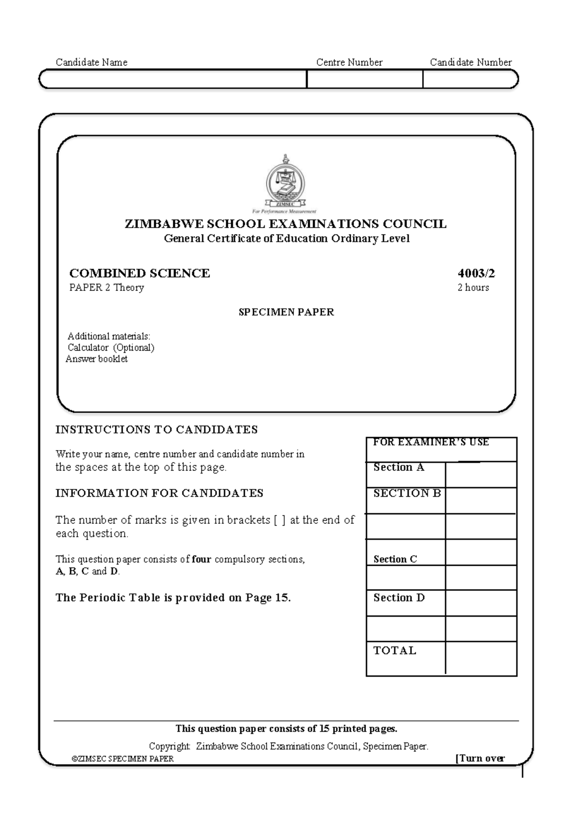 ZIMBABWE SCHOOL EXAMINATIONS COUNCIL: O Level Combined Science Specimen ...