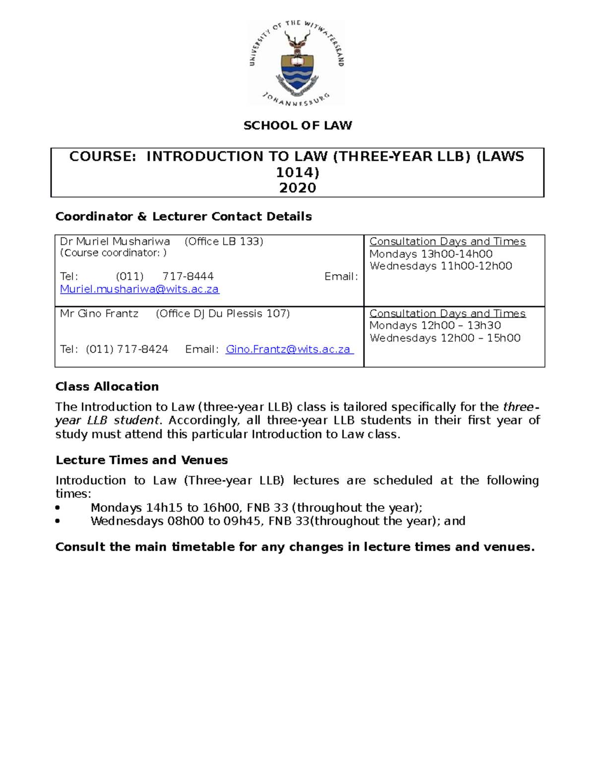 Introduction to Law (LAWS 1014) PG Course Outline 2020 - Studocu