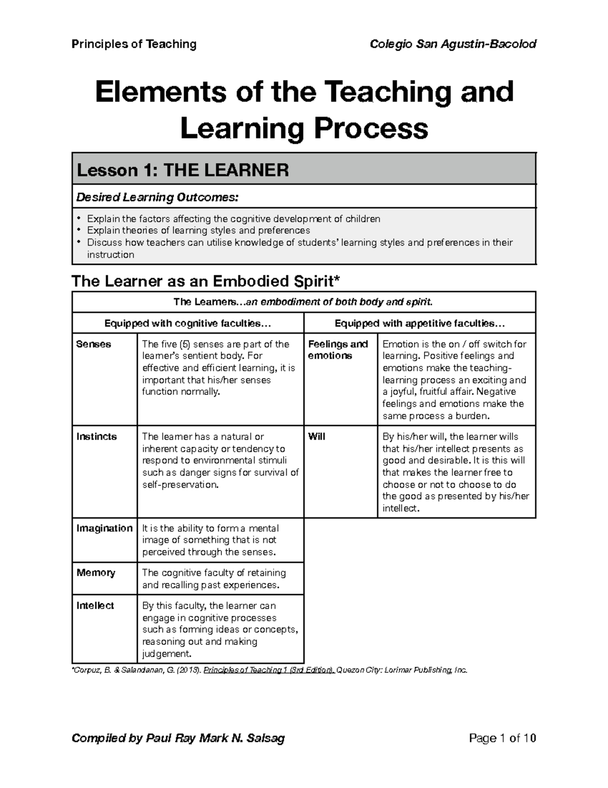 POT 01 Elements of the Teaching and Learning Process - Elements of the ...