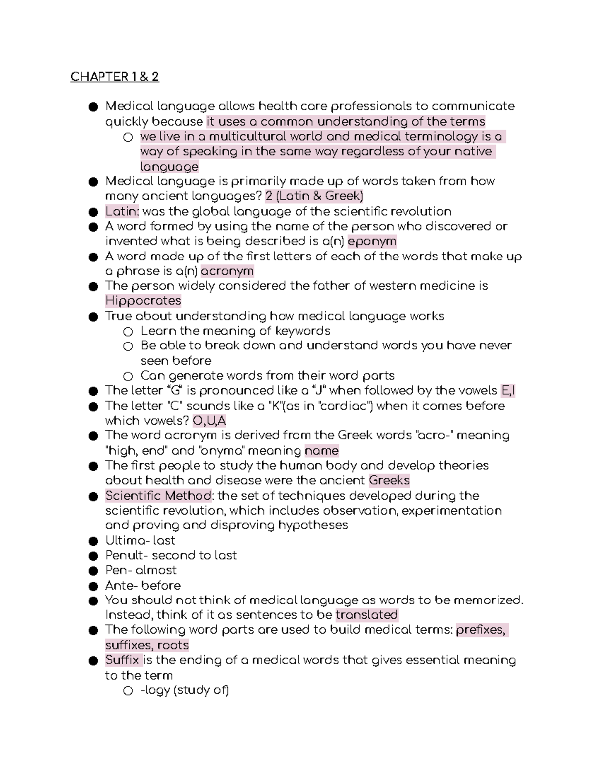 Medical Terminology: Key Concepts and Definitions (Chapters 1-4) - Studocu