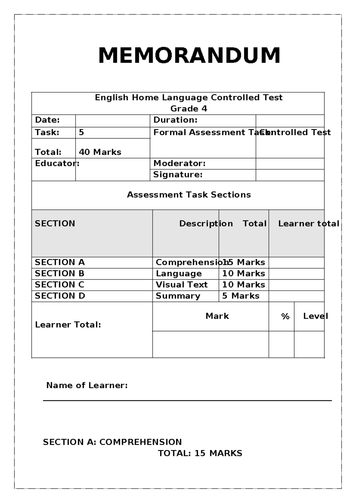Memo: Grade 4 English Home Language Controlled Test [2035] - Studocu