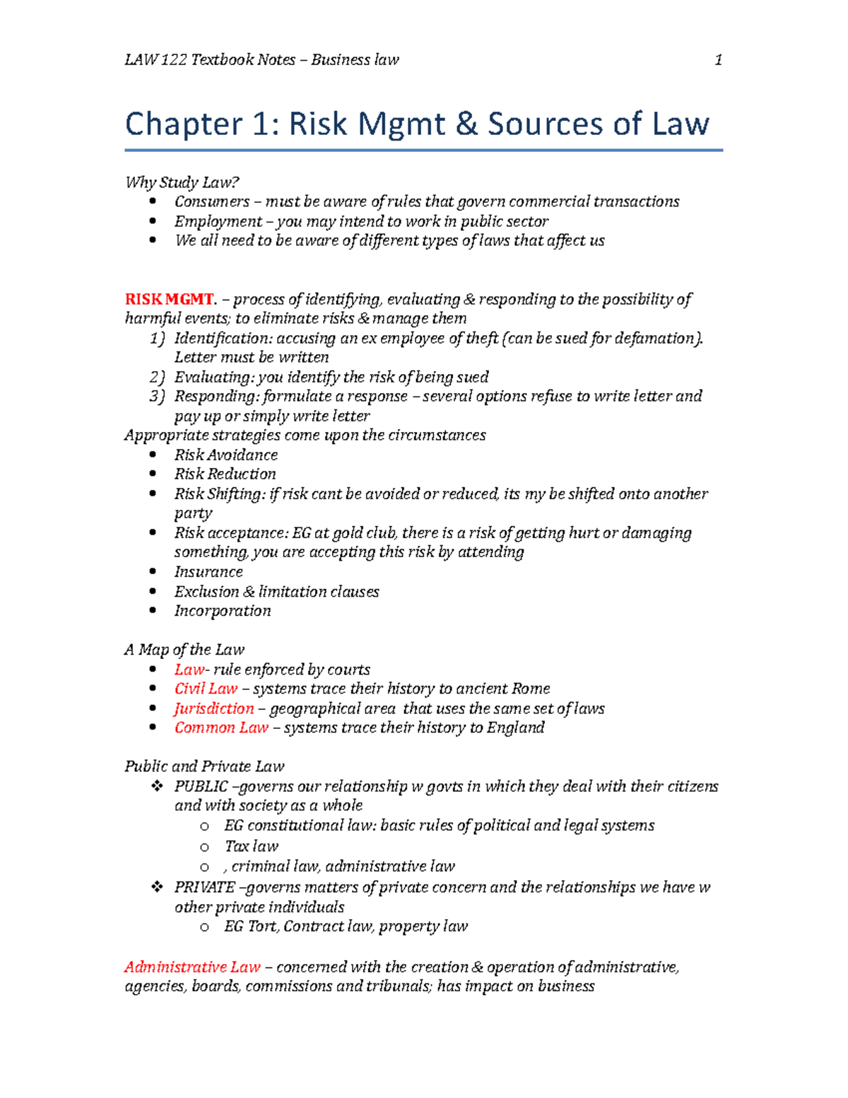 Lecture Notes: Law and Risk Management (Lectures 1-9) - Studocu