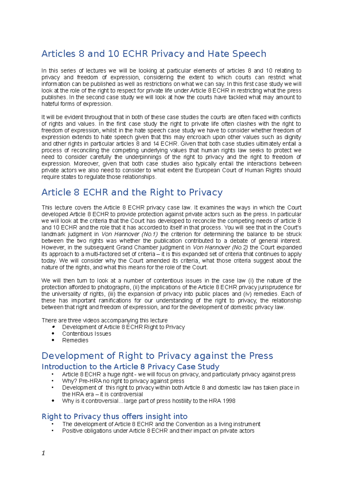 HRL28 Privacy Lecture Notes: Balancing Articles 8 & 10 ECHR - Studocu
