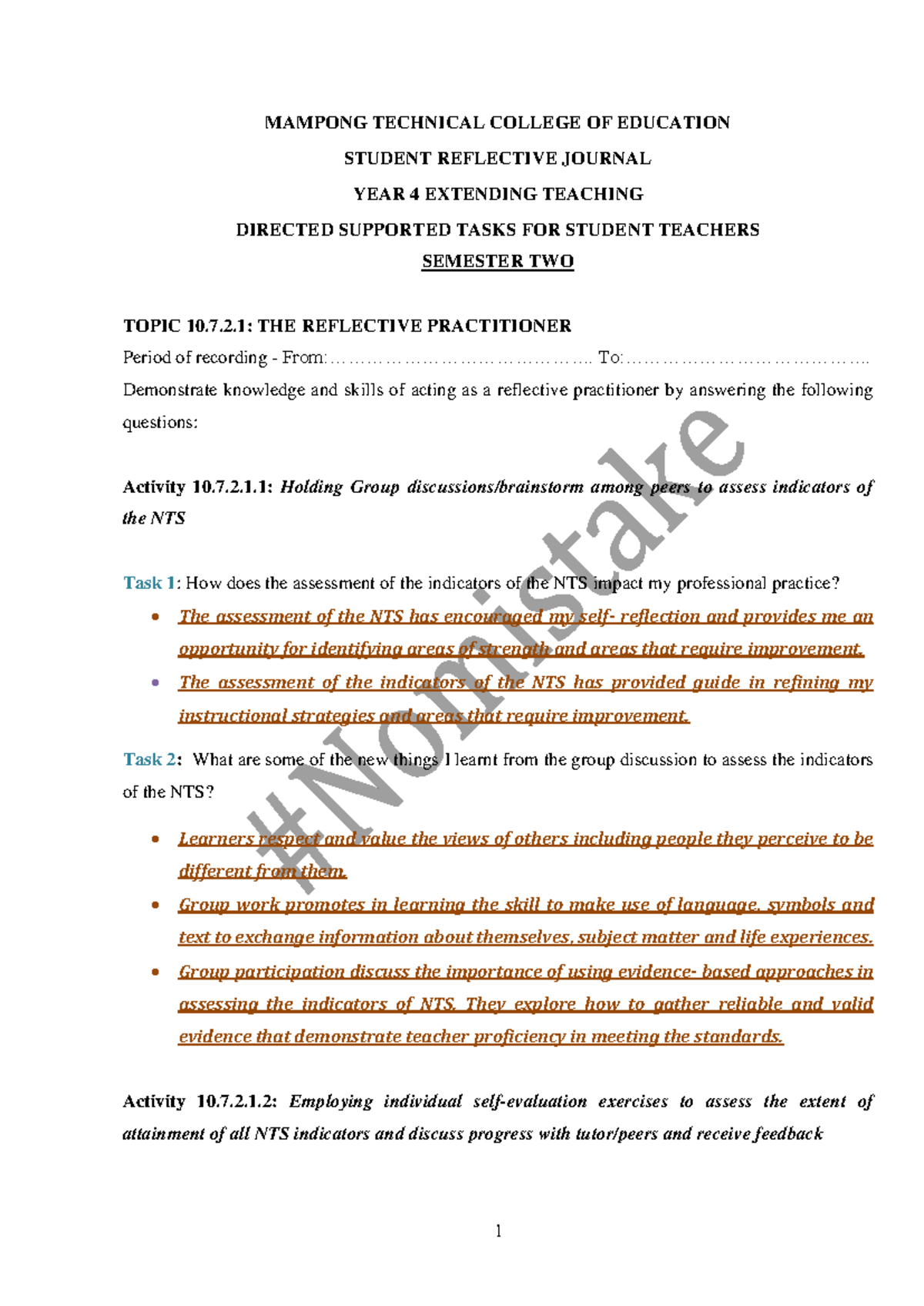 Reflective Journal for Student Teachers: NTS Assessment & Development Strategies - Studocu