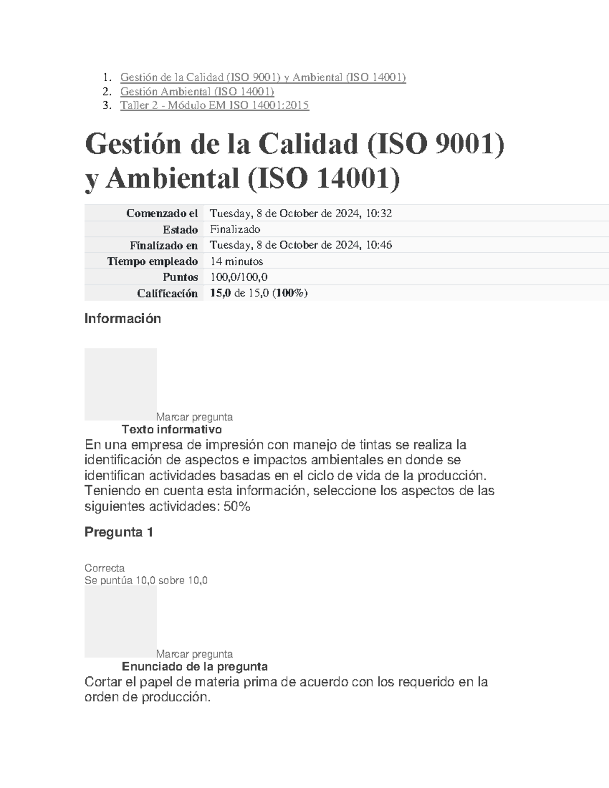 Taller 2 - Módulo EM: Gestión Ambiental ISO 14001 - 2015 - Studocu