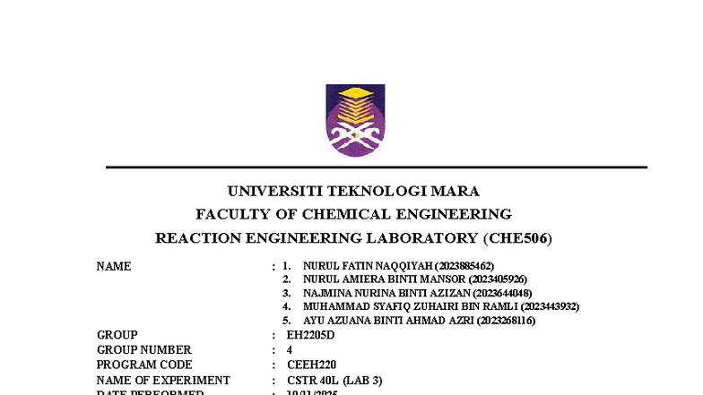 CSTR 40L Experiment: Saponification Reaction Analysis (CHE506) - Studocu