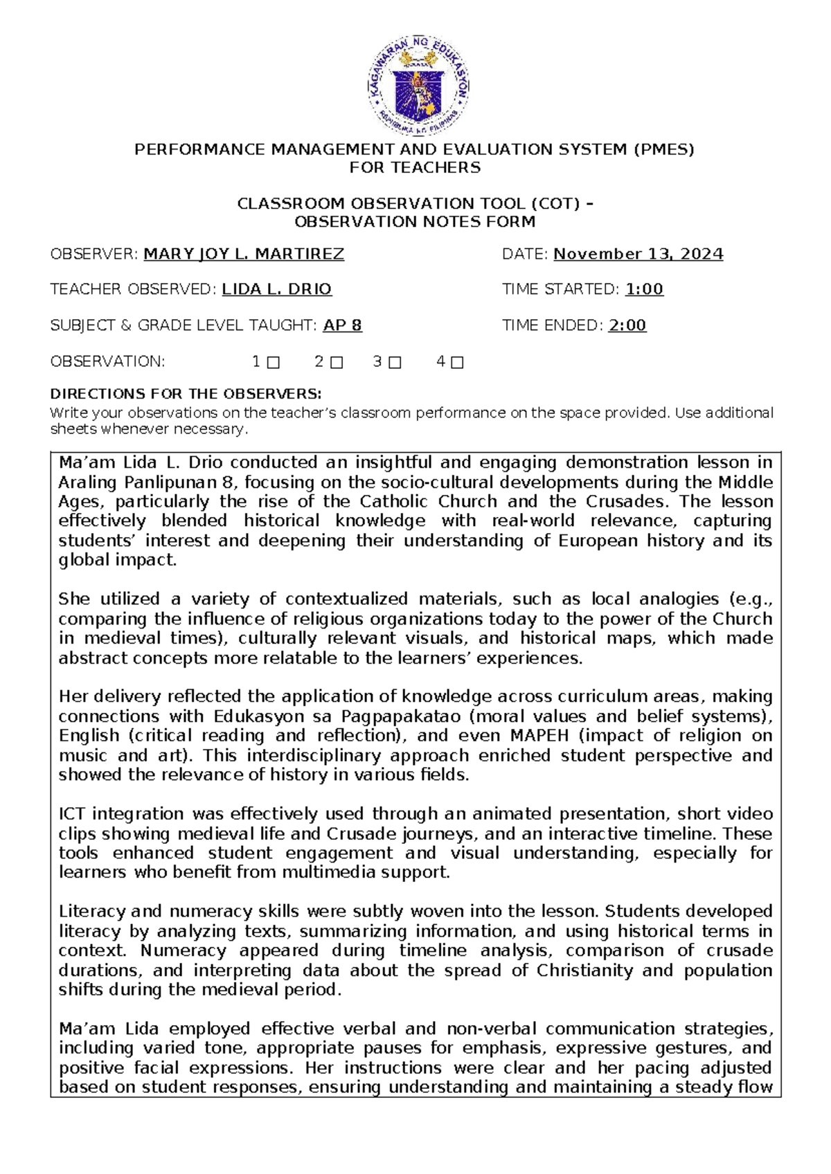 PMES COT Observation Notes: Teacher Performance Insights (Nov 2024 ...