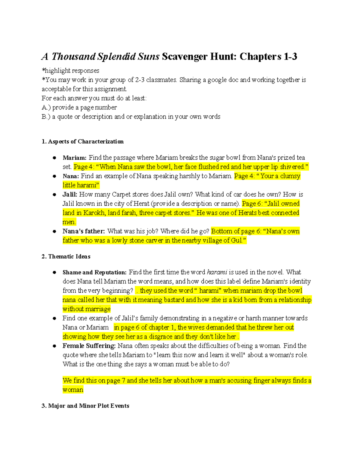 Chapters 1 Scavenger Hunt Responses for A Thousand Splendid Suns (E10 ...