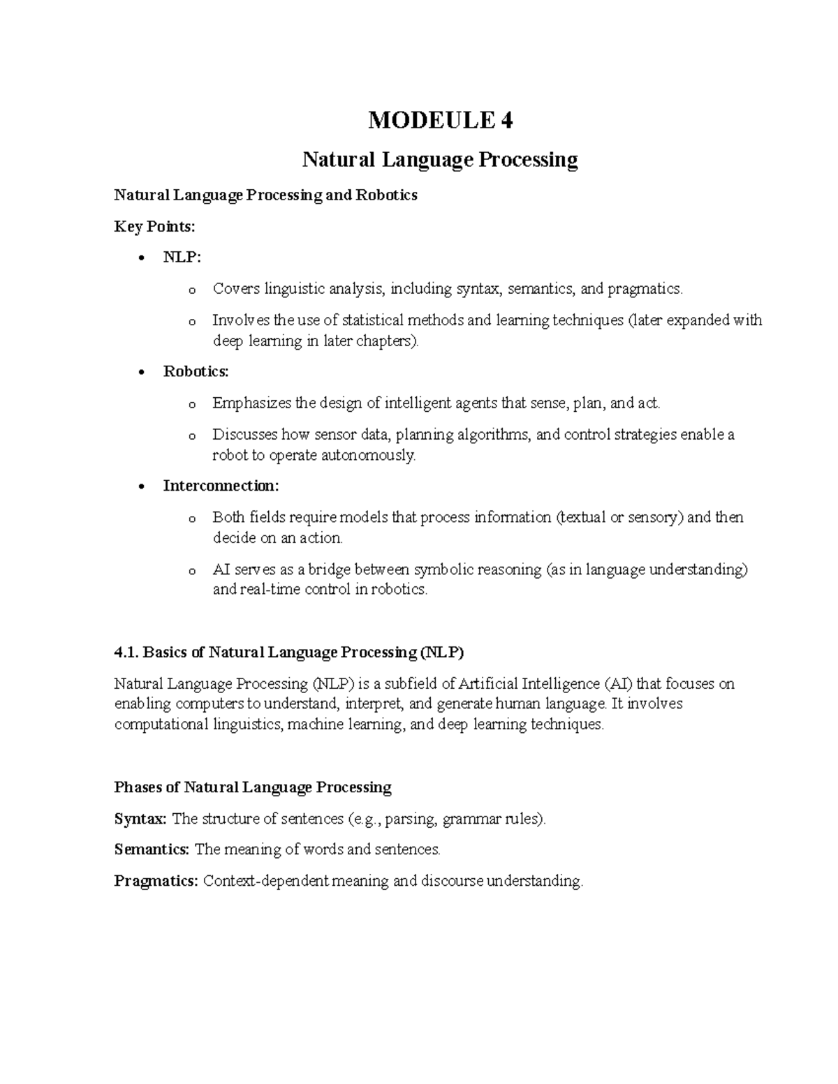 AIML Module 4 & 5: Key Concepts in NLP and Robotics - Studocu