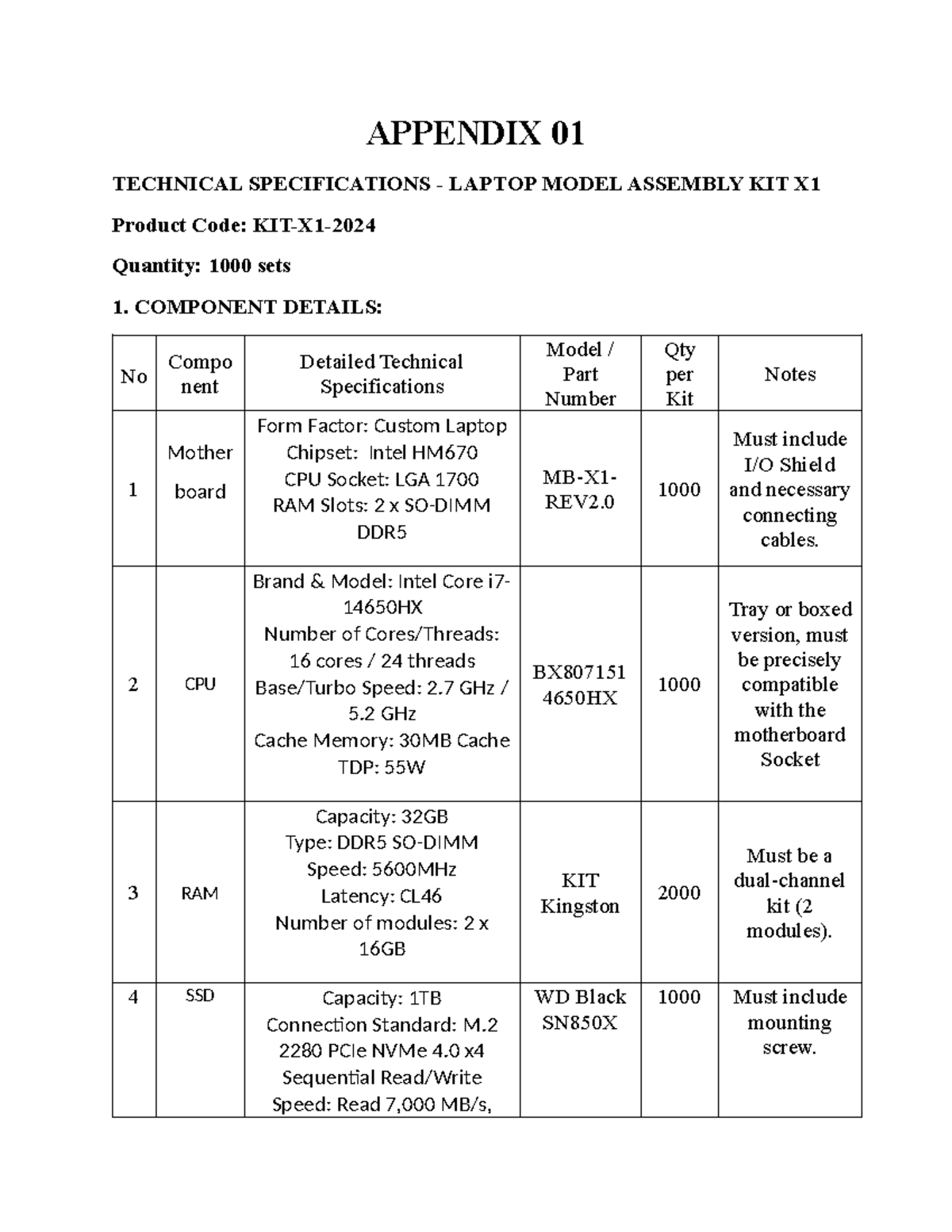 Appendix 01 - Technical Specs for Laptop Model Assembly Kit X1 - Studocu