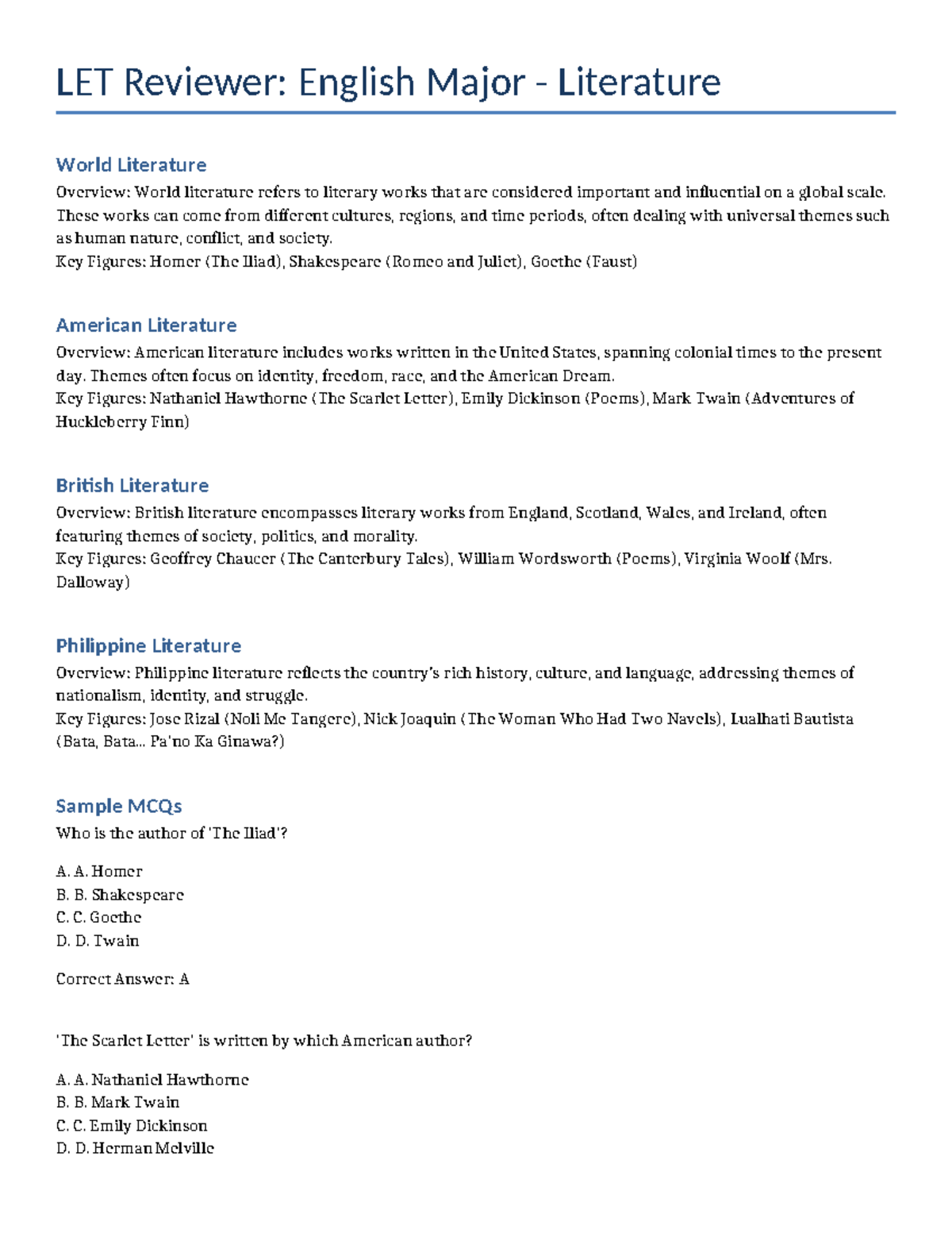 LET English Literature Comprehensive Review Guide - Studocu