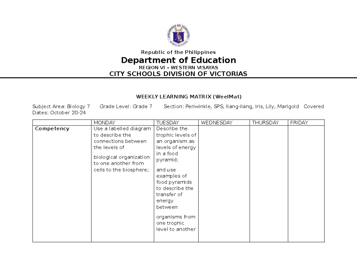 Biology 7 Weekly Learning Matrix (WeelMat) - October 2024 - Studocu