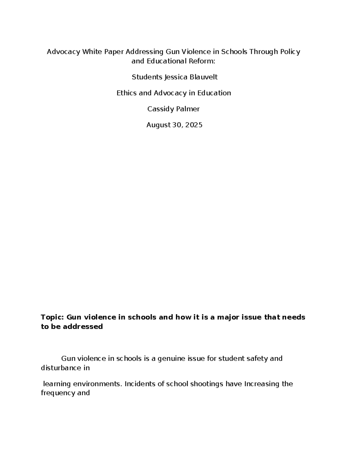 Advocacy White Paper: Addressing Gun Violence in Schools Through Policy ...