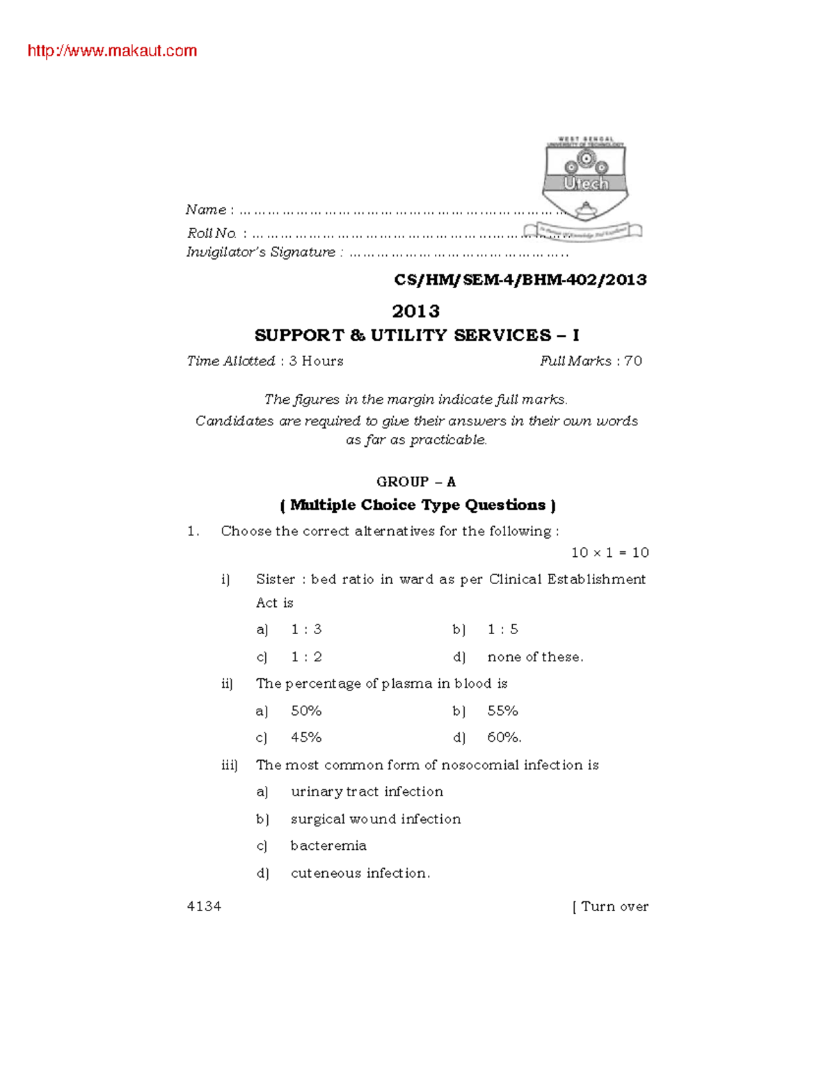 Hm 402 Support & Utility Services I Final Exam 2013 - MCQs & Short Answers - Studocu