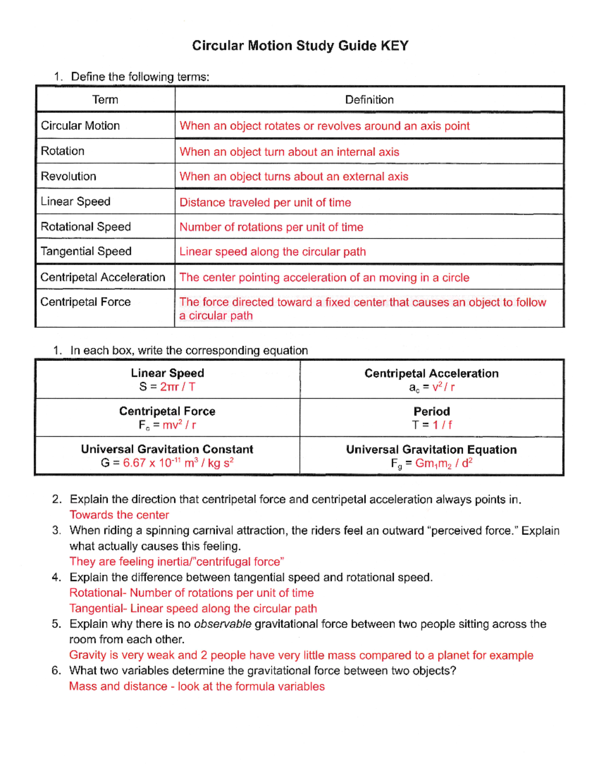 Circular Motion Study Guide KEY - Define the following terms: Term ...