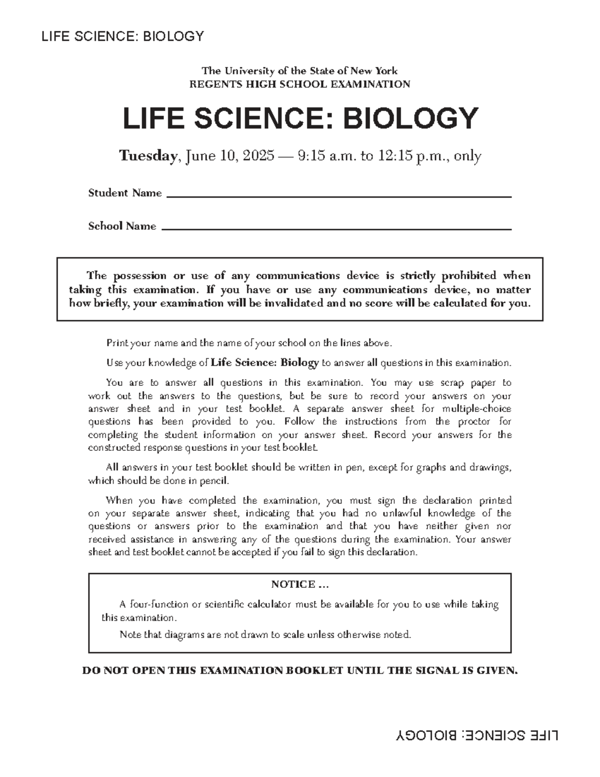 LIFE SCIENCE: BIOLOGY REGENTS EXAM JUNE 2025 - Studocu