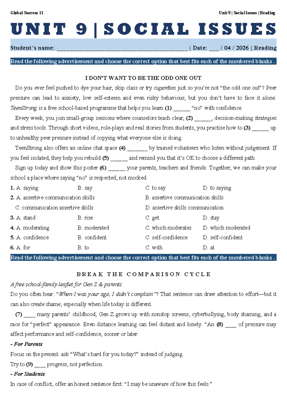GS11 U9 Social Issues Reading Practice for Grade 11 Students - Studocu