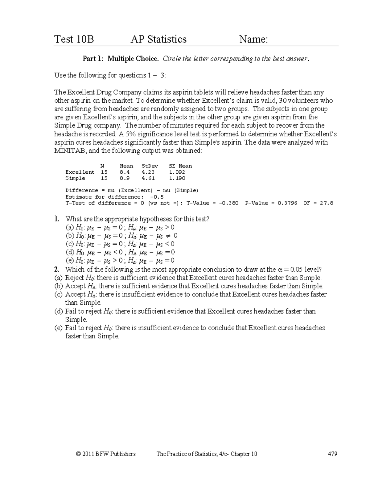 Test 10B AP Statistics: Multiple Choice & Free Response Review - Studocu