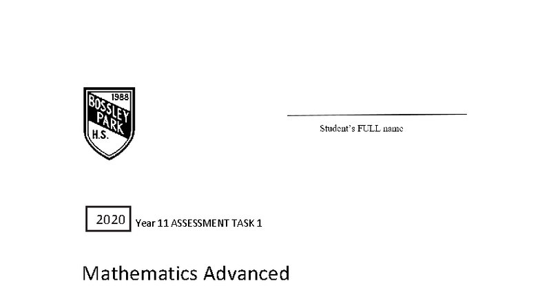 2020 Year 11 HSC Mathematics Advanced Assessment Task 1 - Studocu